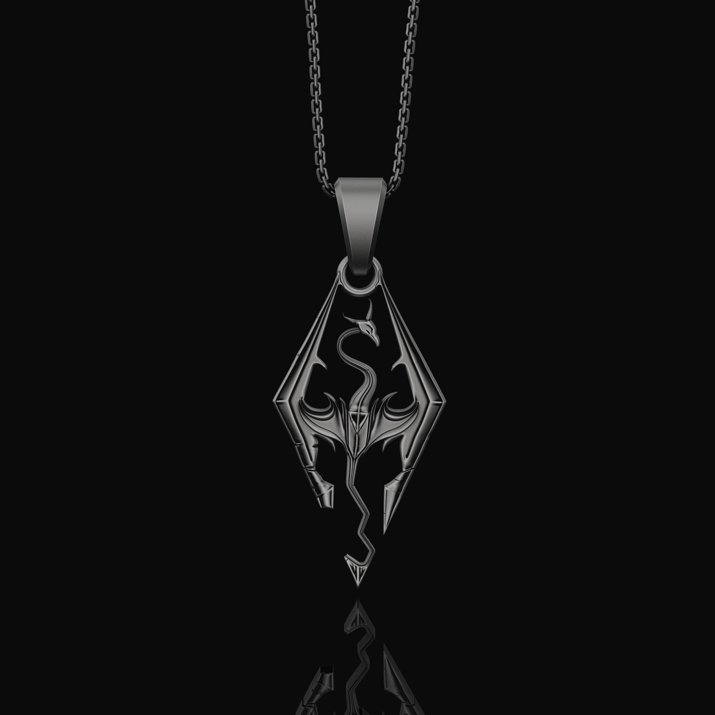 Silver Skyrim Dragon Pendant The Elder Scrolls Videogame Jewelry Replica Geek Gift Oblivion Medieval Necklace No Chain Oxidized Finish